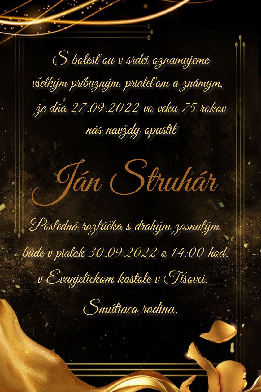 Smútočné oznámenie - Ján Struhár (†75)