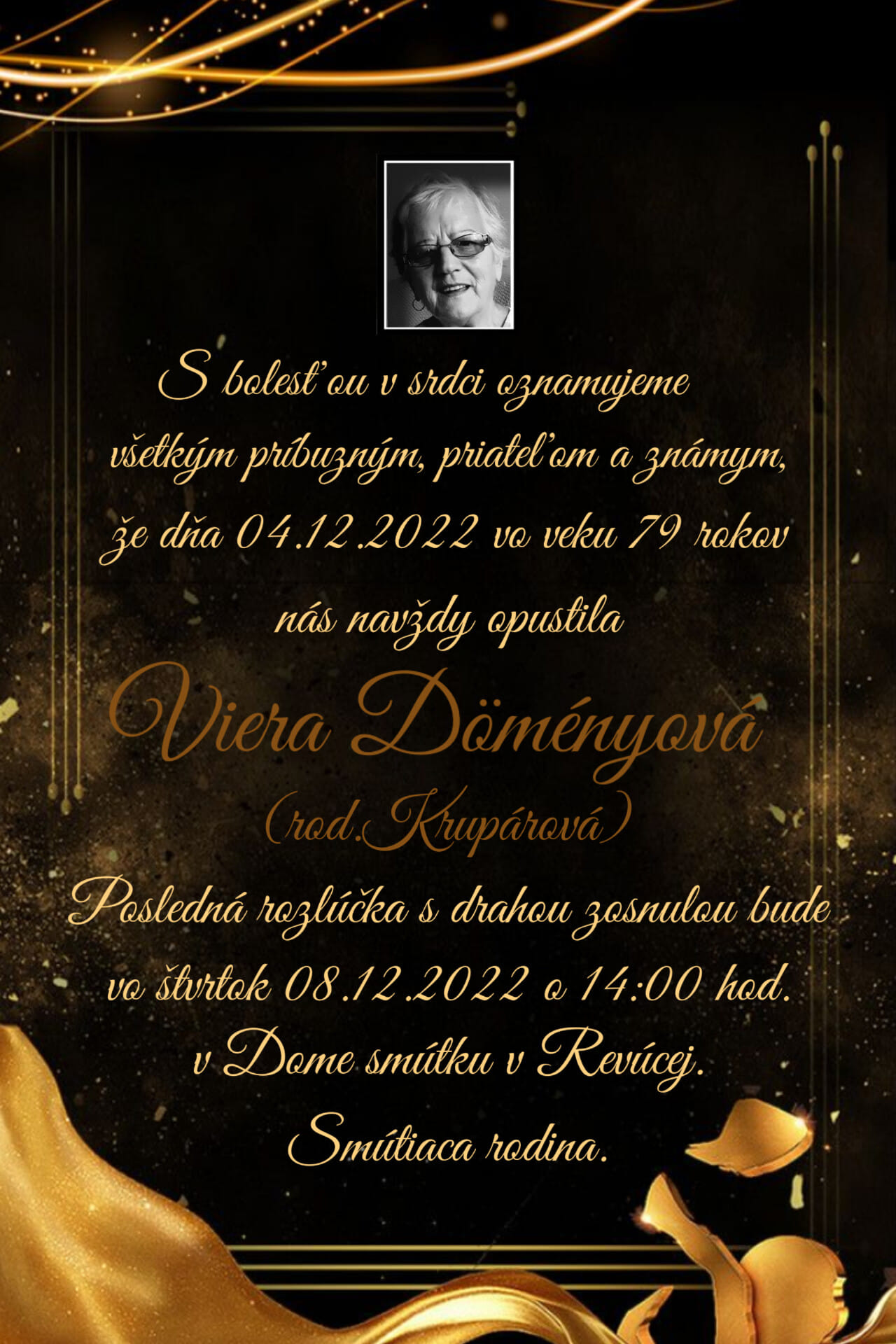 Smútočné oznámenie - Viera Döményová (†79)