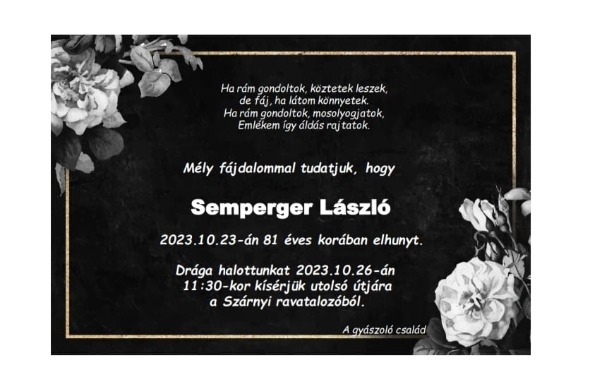 Smútočné oznámenie - László Semperger (†81)