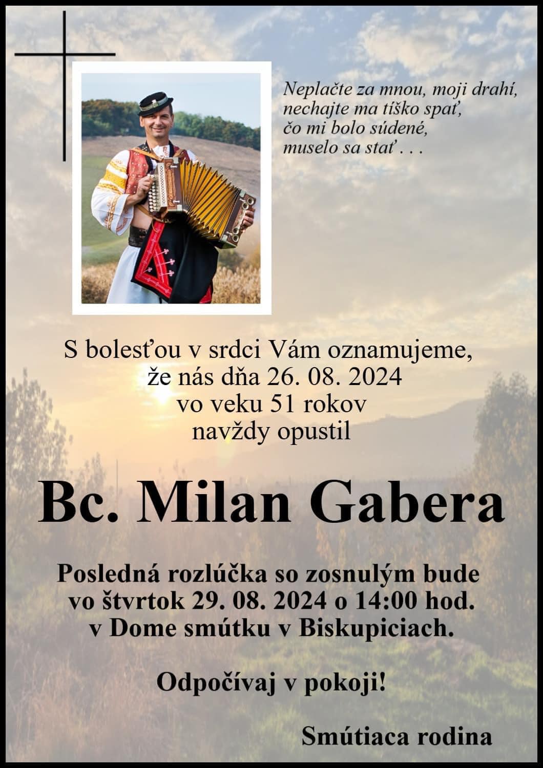 Smútočné oznámenie, Bc. Milan Gabera (†51)