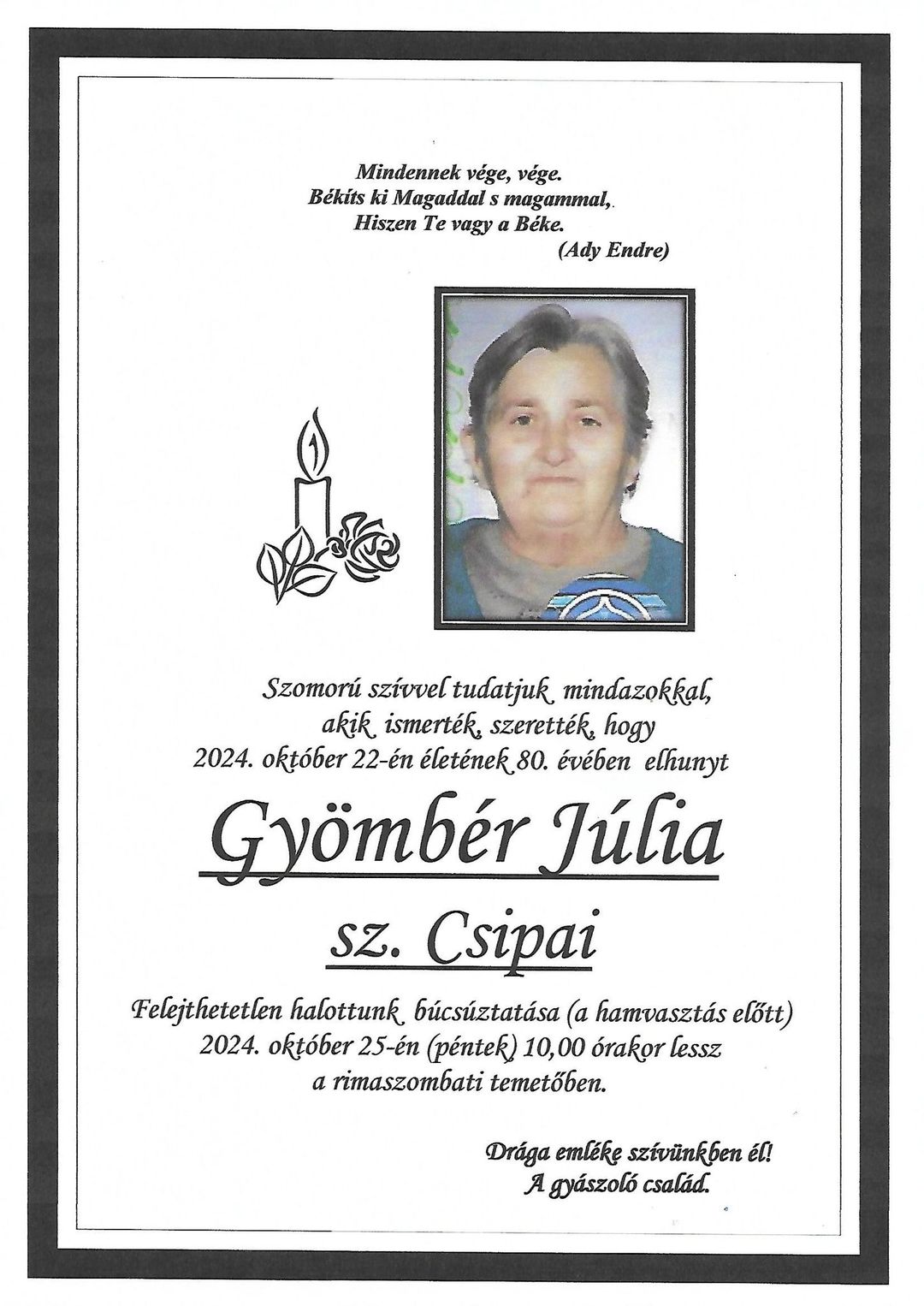 Smútočné oznámenie, Gyombér Júlia, sz. Csipai († 80)