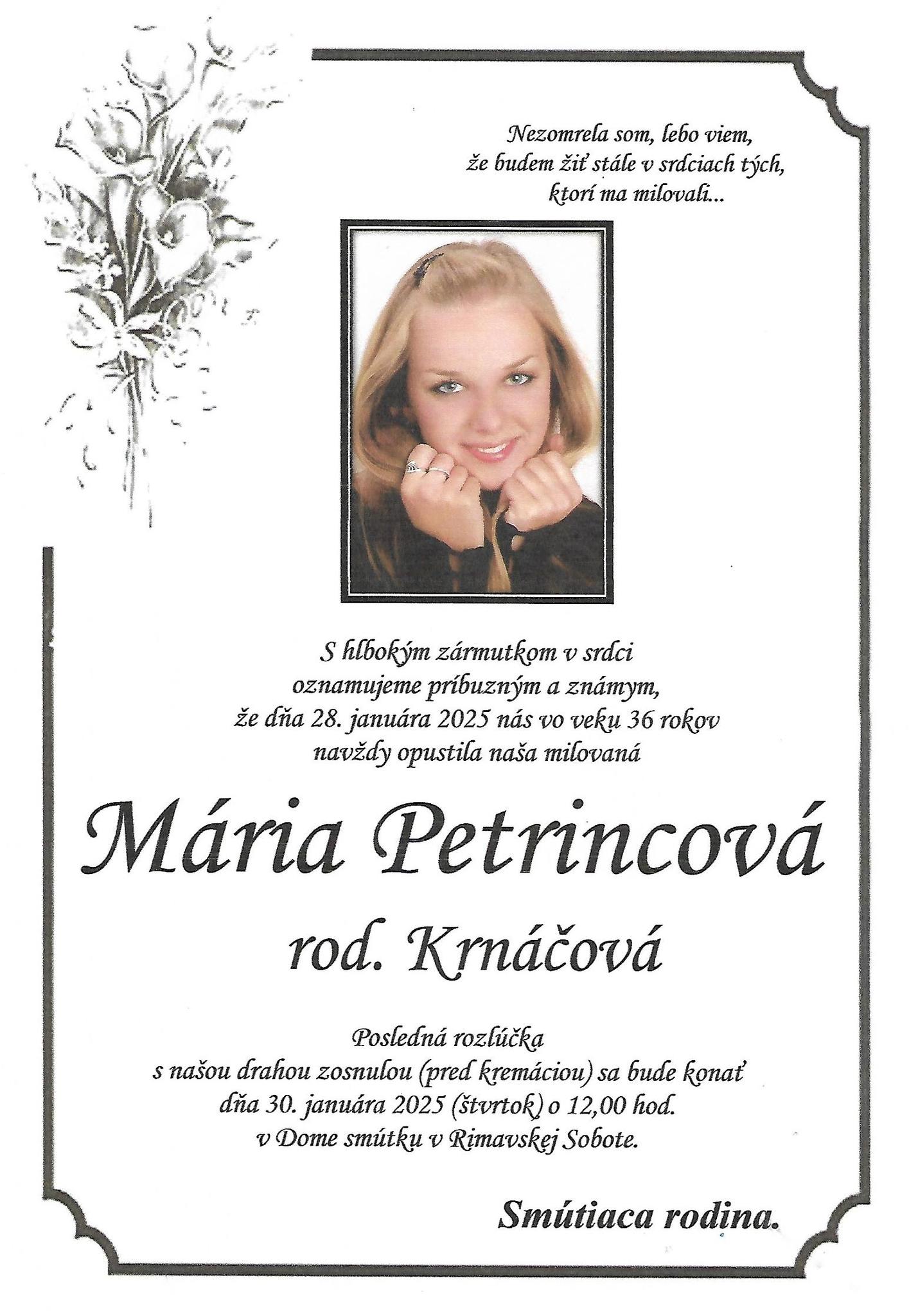 Smútočné oznámenie, Mária Petrincová, rod. Krnáčová (†36)