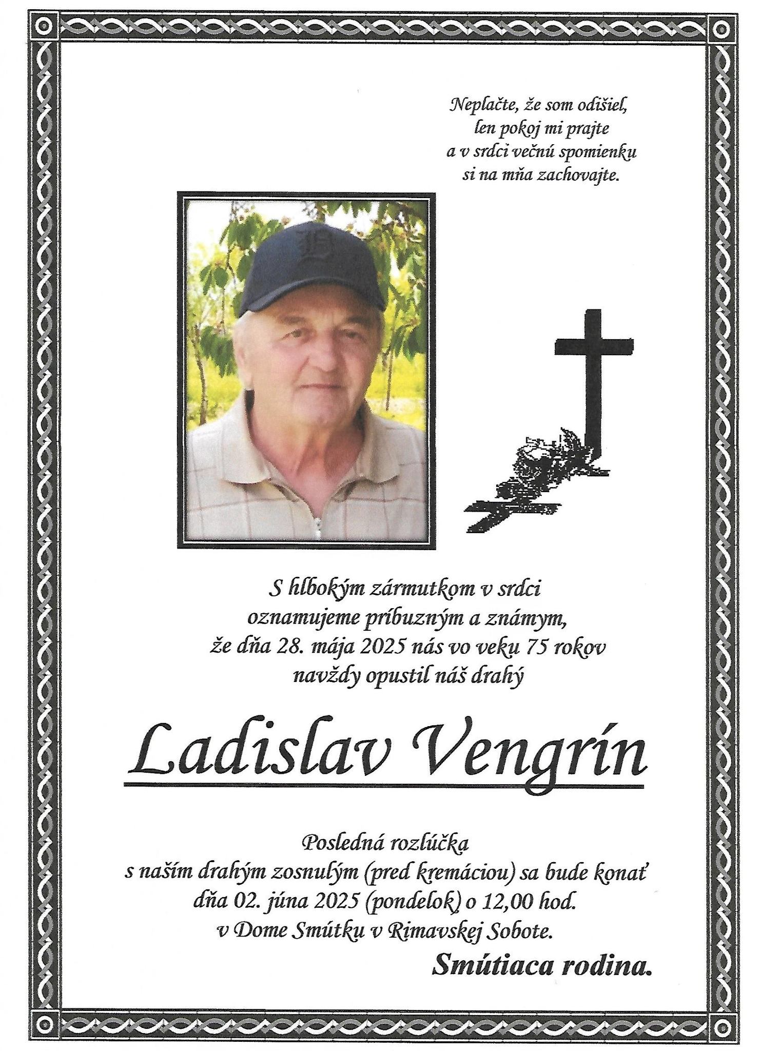 Smútočné oznámenie, Ladislav Vengrín (†75)