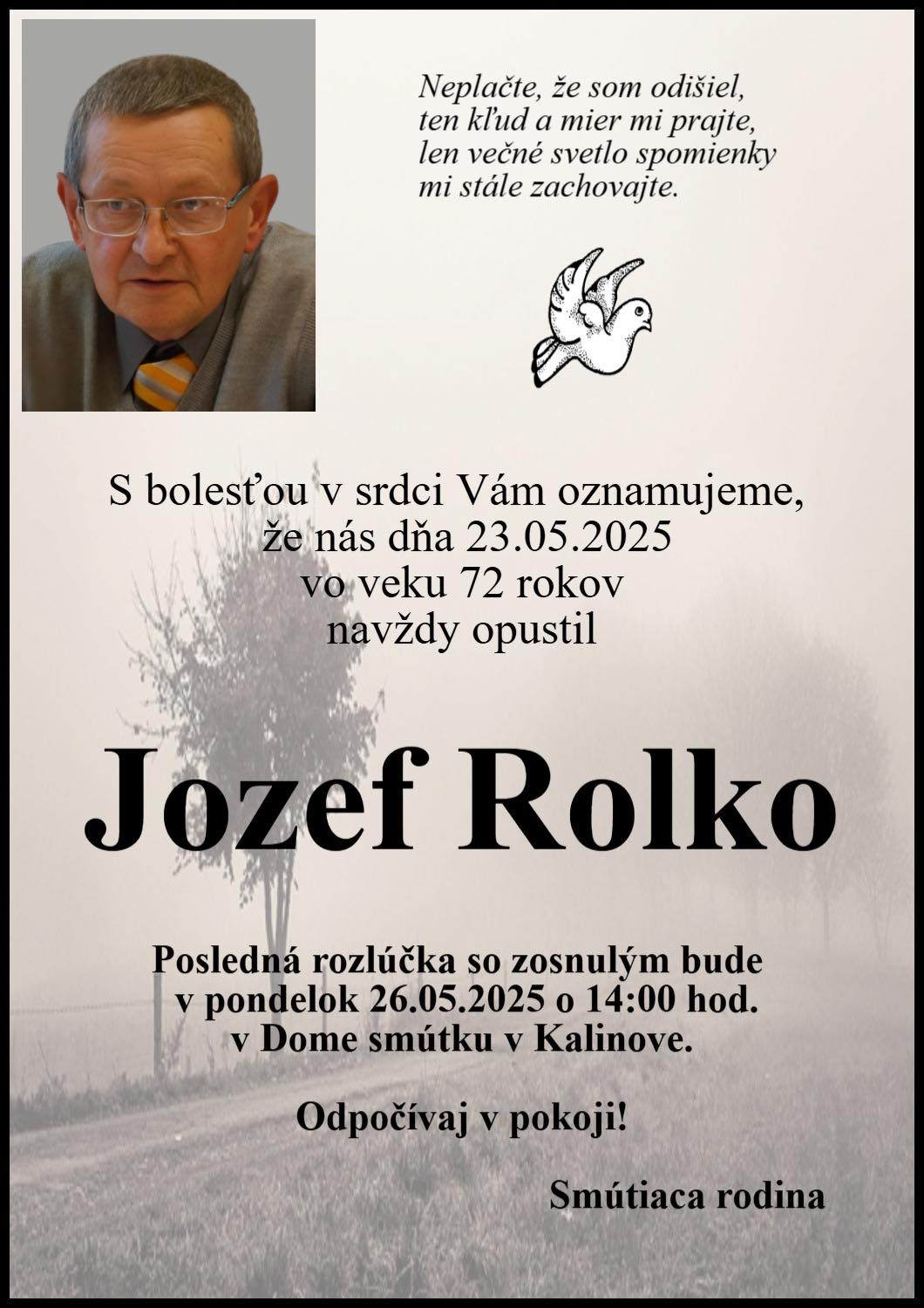 Smútočné oznámenie, Jozef Rolko (†72)