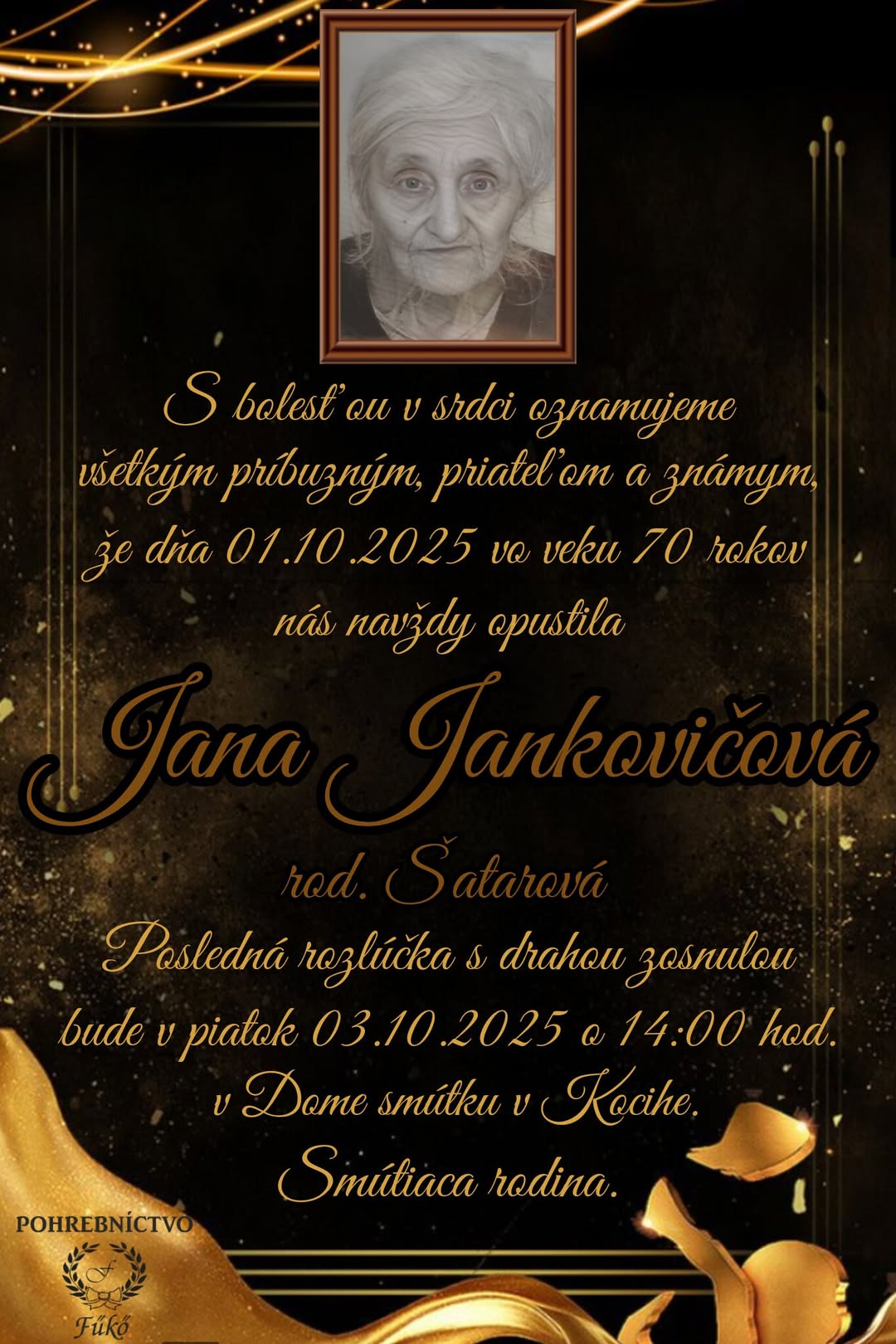 Smútočné oznámenie, Jana Jankovičová, rod. Šatarová (†70)