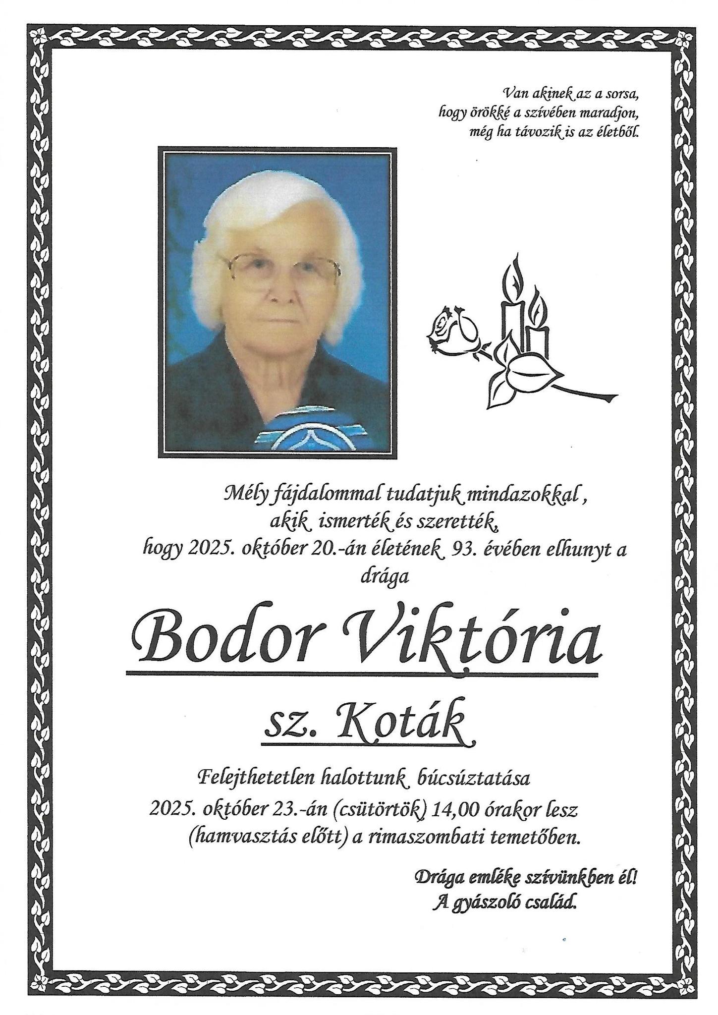 Smútočné oznámenie, Viktória Bodor, rod. Koták (†93)
