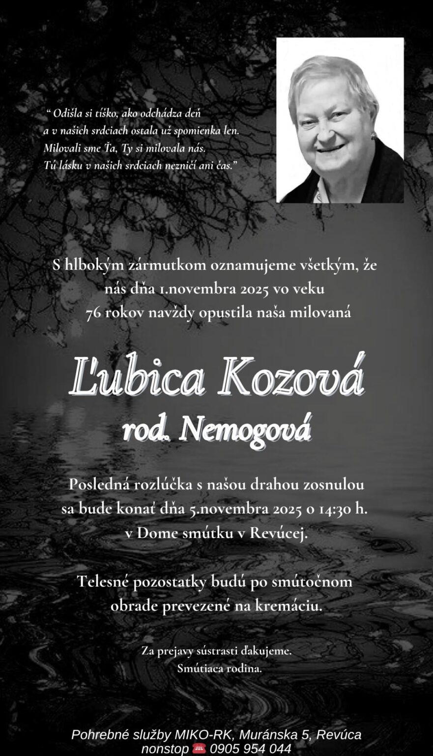 Smútočné oznámenie, Ľubica Kozová, rod. Nemogová (†76)
