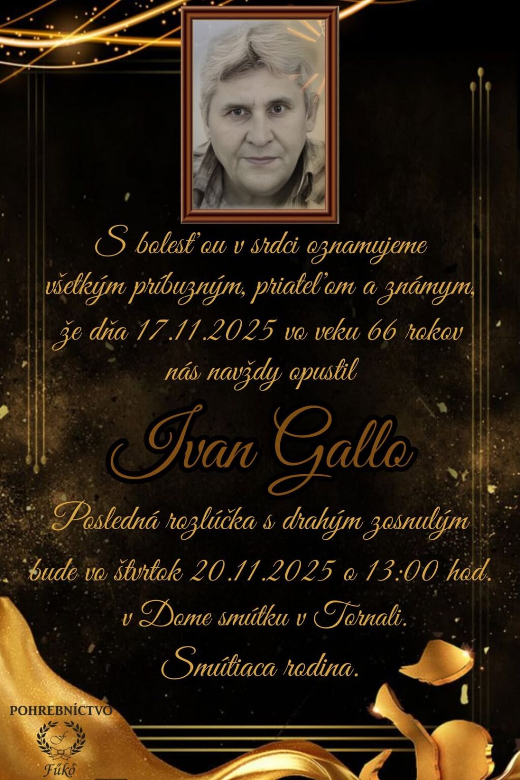 Smútočné oznámenie, Ivan Gallo (†66)