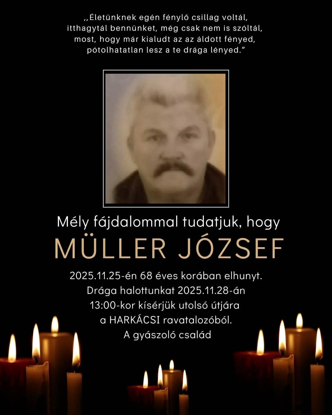 Smútočné oznámenie, Müller József (†68)