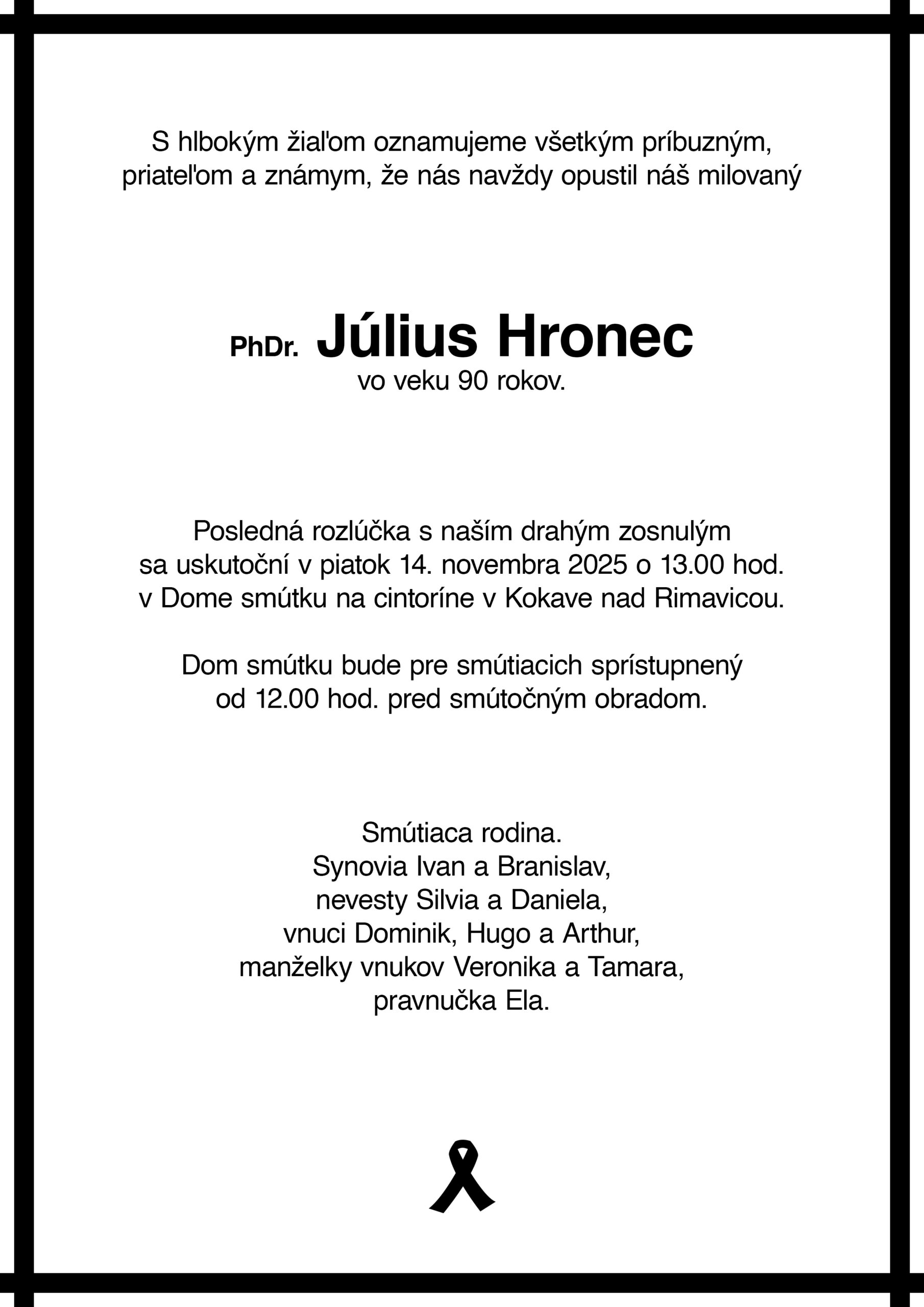 Smútočné oznámenie, Július Hronec (†90)