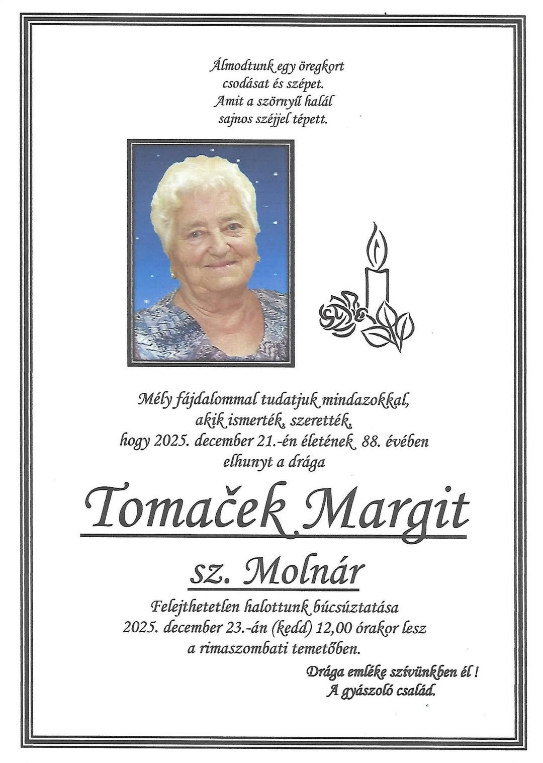Smútočné oznámenie, Tomaček Margit, sz. Molnár (†88)