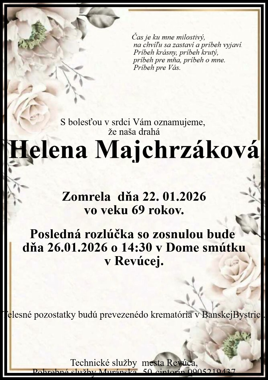 Smútočné oznámenie, Helena Majchrzáková (†69)